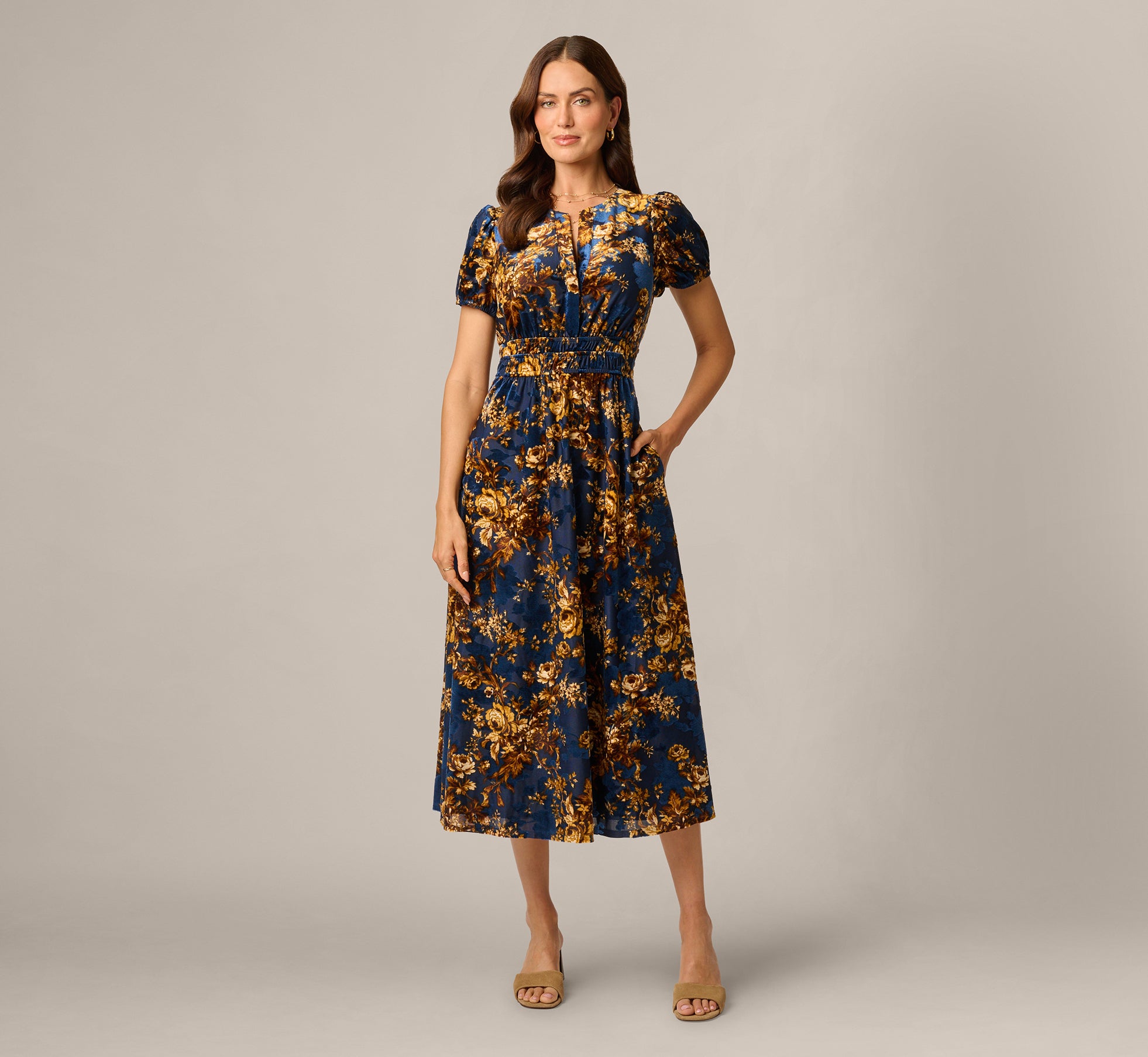 ADRIANNA PAPELL floral velvet sophia midi dress in navy mustard